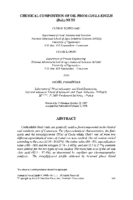 (PDF) CHEMICAL COMPOSITION OF OIL FROM COULA EDULIS (Bail.) NUTS
