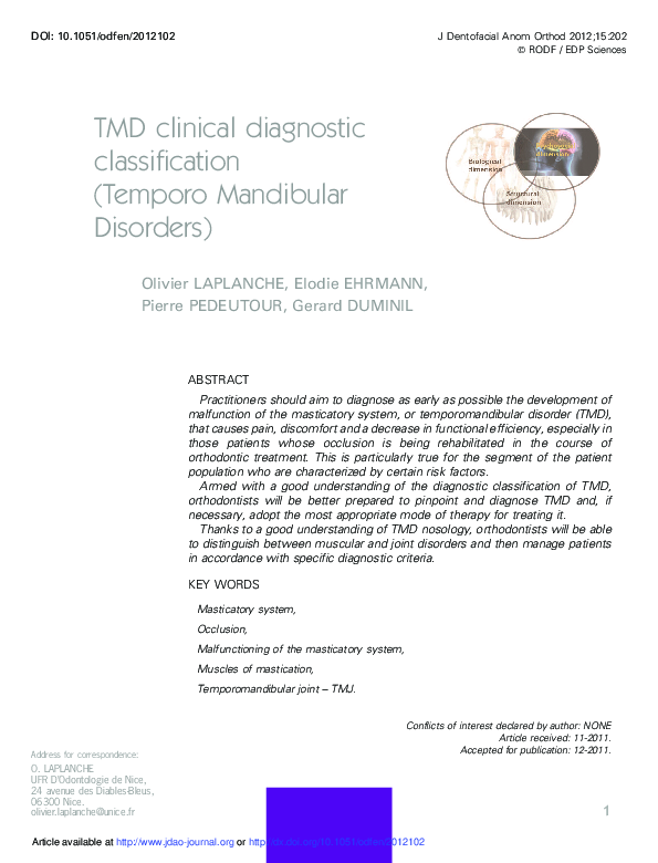 (PDF) TMD clinical diagnostic classification (Temporo Mandibular Disorders)