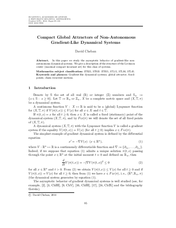 Pdf Compact Global Attractors Of Non Autonomous Gradient Like Dynamical Systems David Cheban