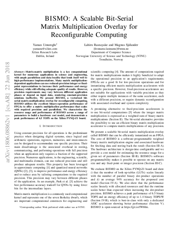 (PDF) BISMO: A Scalable Bit-Serial Matrix Multiplication Overlay for Reconfigurable Computing