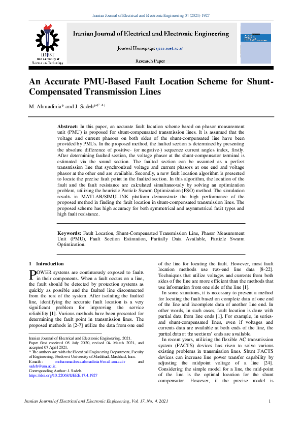 Pdf An Accurate Pmu Based Fault Location Scheme For Shunt Compensated Transmission Lines