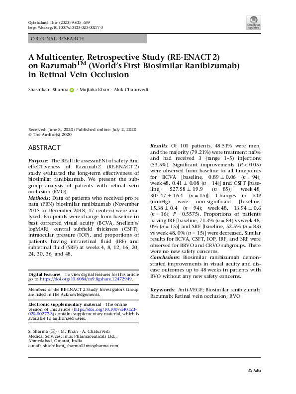 (PDF) A Multicenter, Retrospective Study (RE-ENACT 2) on Razumab™ (World's First Biosimilar ...