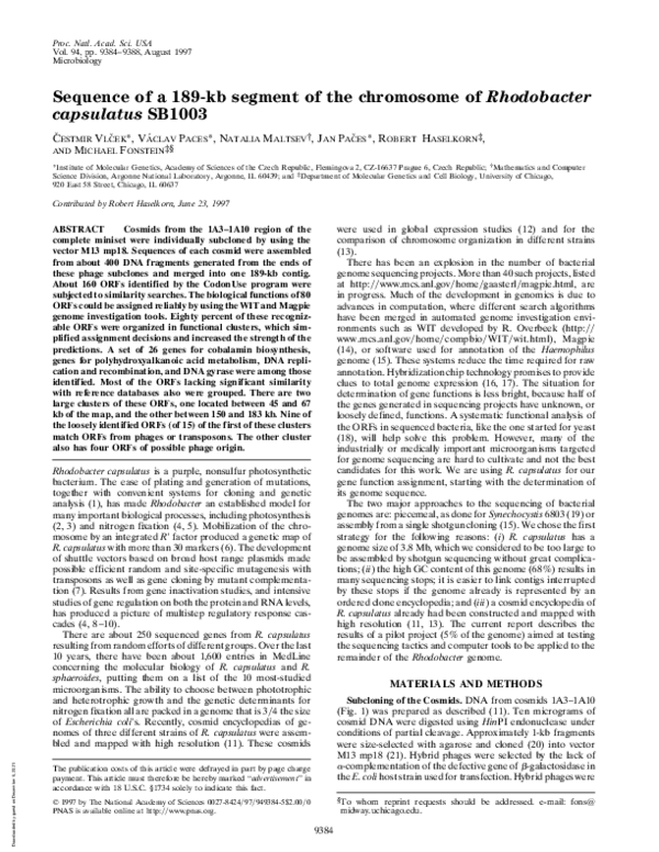 (PDF) Sequence of a 189-kb segment of the chromosome of Rhodobacter ...