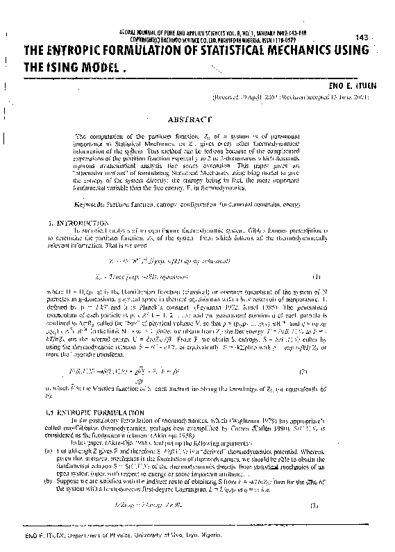 (PDF) The entropic formulation of statistical mechanics using the ISING ...