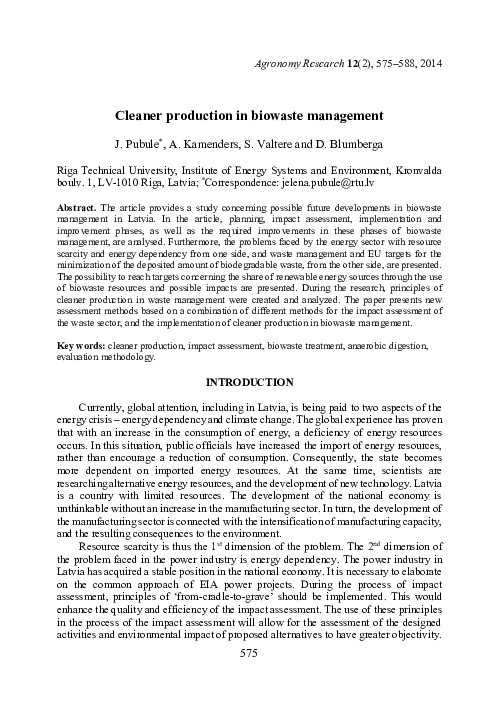 (PDF) Cleaner Production in Biowaste Management