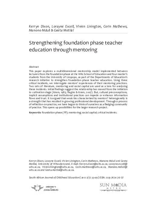 (PDF) Strengthening foundation phase teacher education through mentoring