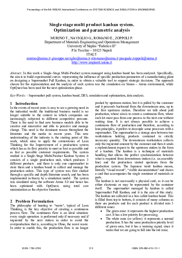 (PDF) Single stage multi product kanban system. optimization and parametric analysis