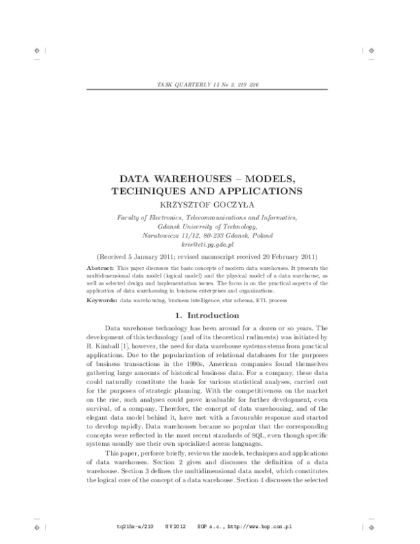 (PDF) Data Warehouses – Models, Techniques and Applications