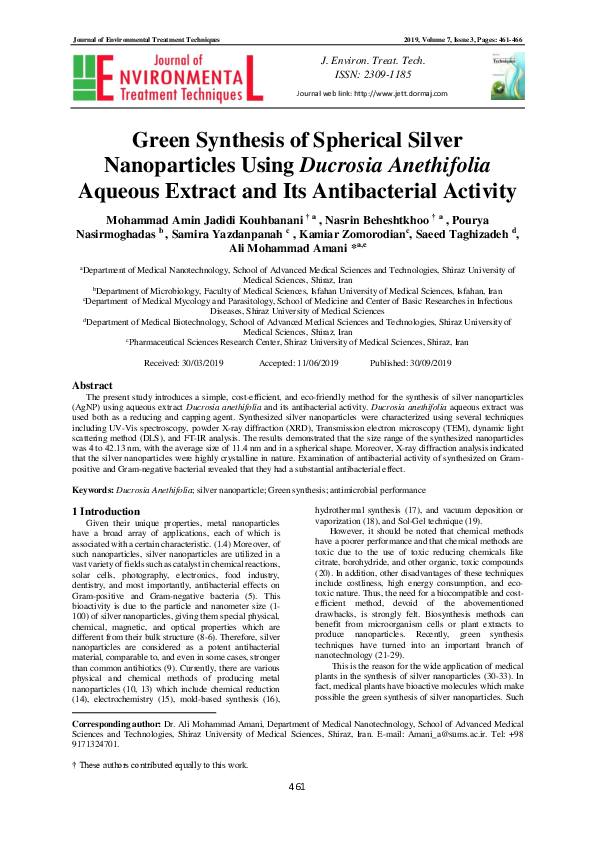 (PDF) Green Synthesis of Spherical Silver Nanoparticles Using Ducrosia Anethifolia Aqueous ...