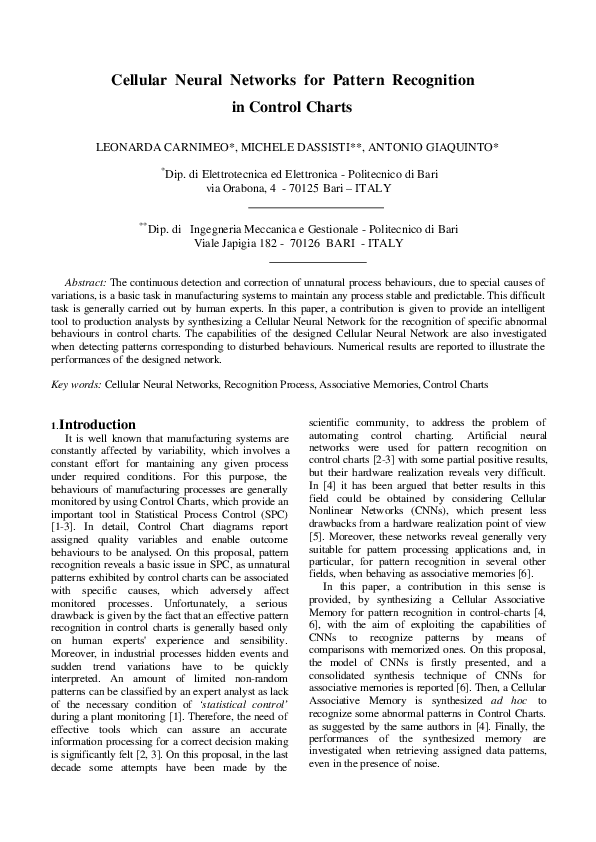(PDF) Cellular Neural Networks for Pattern Recognition in Control Charts | Michele DASSISTI ...
