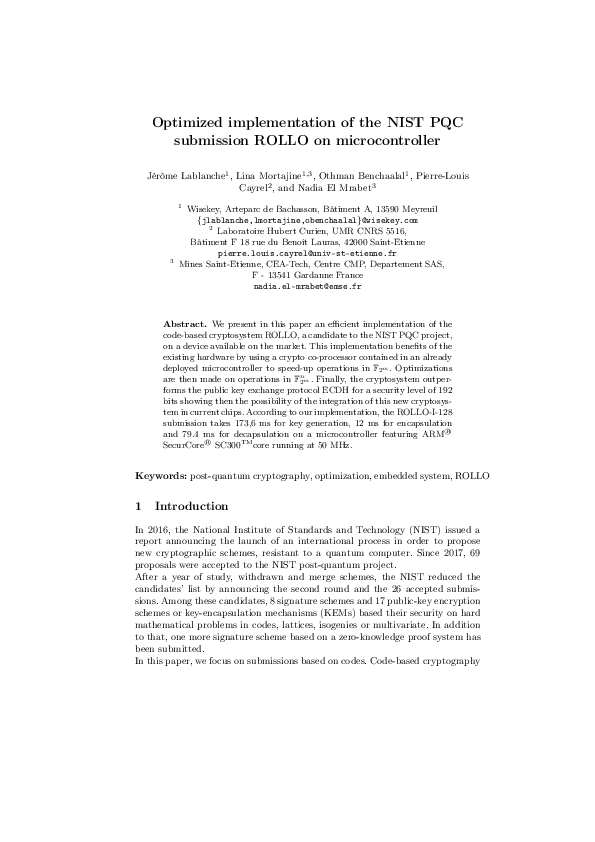 (PDF) Optimized implementation of the NIST PQC submission ROLLO on microcontroller