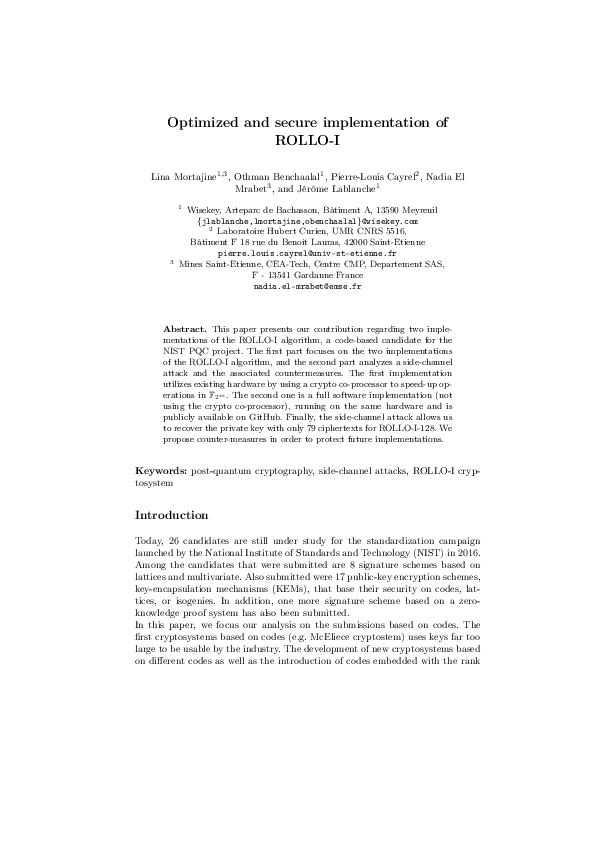 (PDF) Optimized and Secure Implementation of ROLLO-I