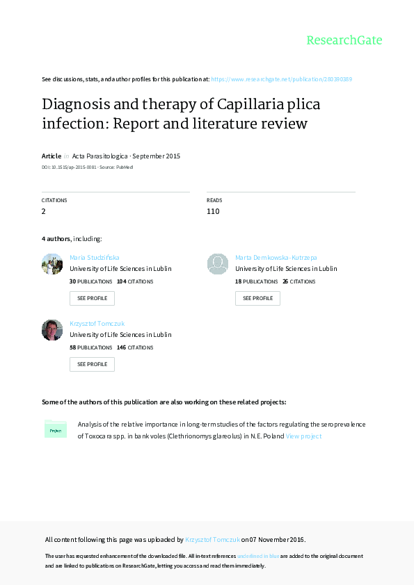 (PDF) Diagnosis and therapy of Capillaria plica infection: report and ...