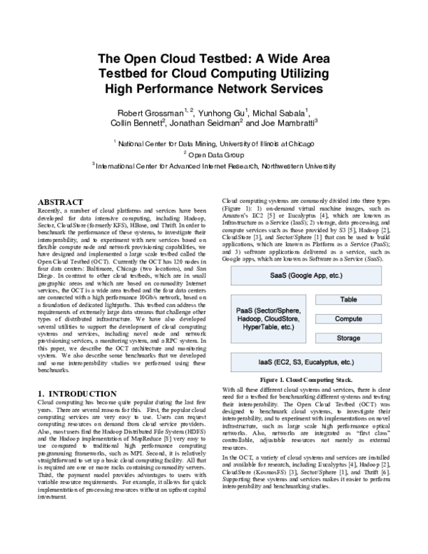 Pdf The Open Cloud Testbed A Wide Area Testbed For Cloud Computing Utilizing High Performance