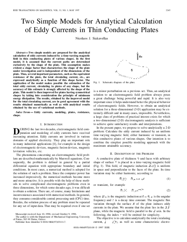 Pdf Two Simple Models For Analytical Calculation Of Eddy Currents In Thin Conducting Plates