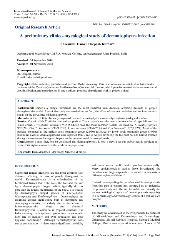 (PDF) A preliminary clinico-mycological study of dermatophytes infection