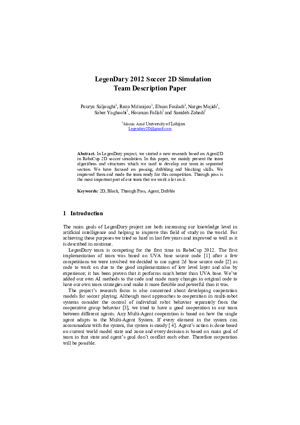 (PDF) LegenDary 2012 Soccer 2D Simulation Team Description Paper