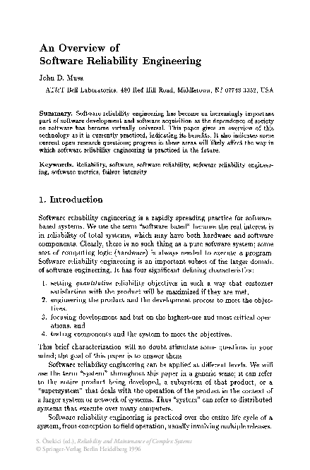 Pdf An Overview Of Software Reliability Engineering