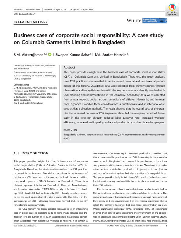 (PDF) Business case of corporate social responsibility: A case study on ...