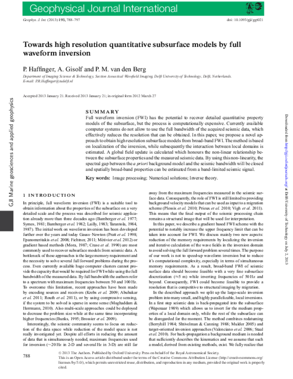 (PDF) Towards high resolution quantitative subsurface models by full waveform inversion
