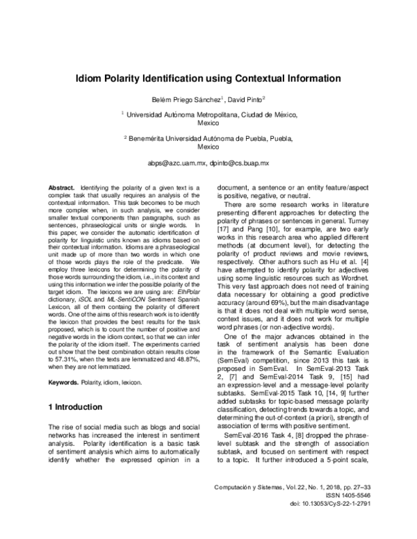 (PDF) Idiom Polarity Identification using Contextual Information