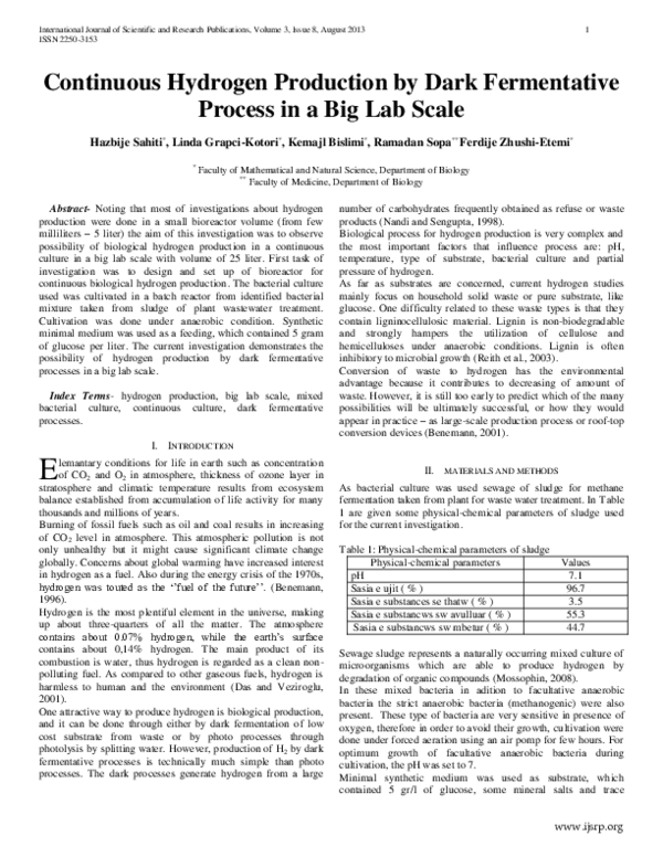 Pdf Continuous Hydrogen Production By Dark Fermentative Process In A