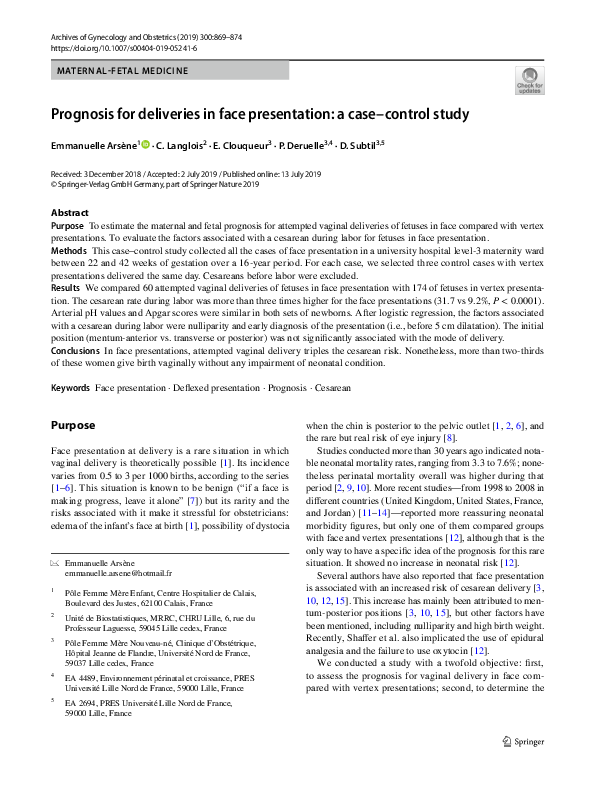 (PDF) Prognosis for deliveries in face presentation: a case–control study