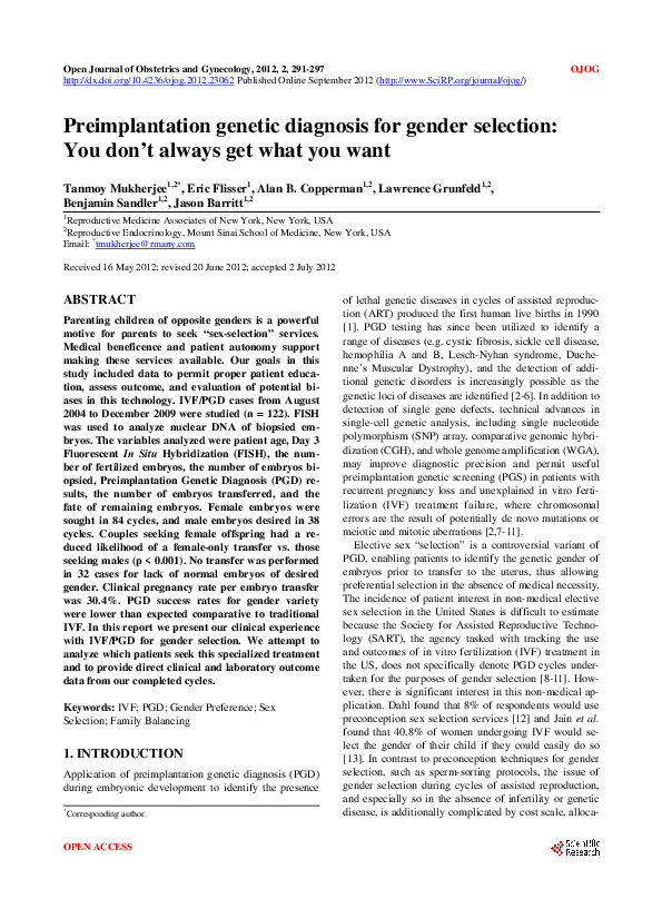(PDF) Preimplantation genetic diagnosis for gender selection: You