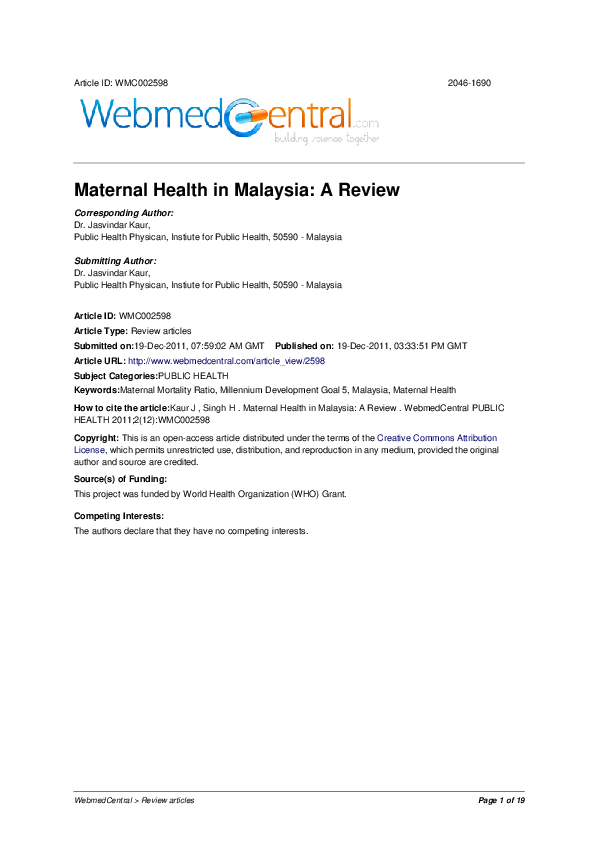 (PDF) Maternal Health In Malaysia: A Review