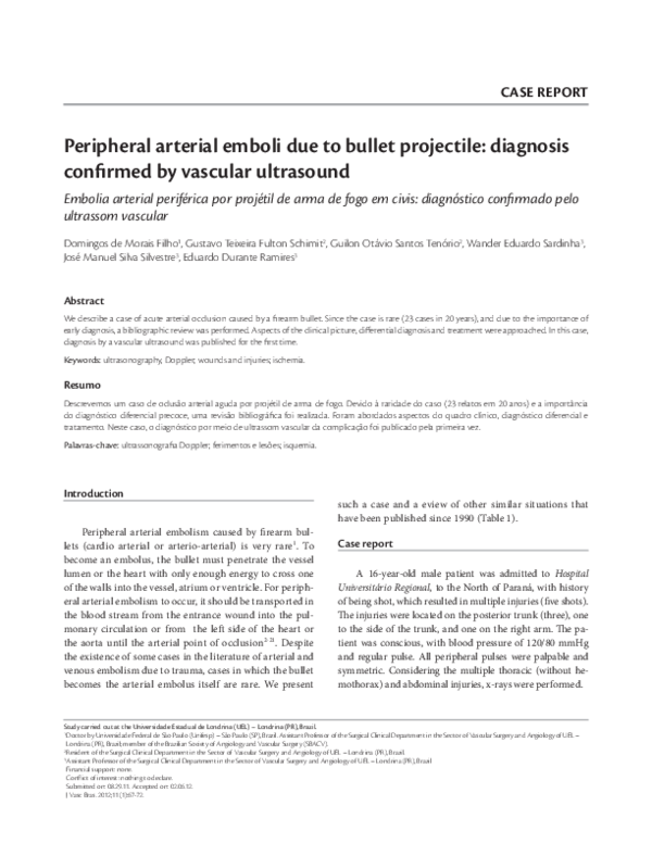 (PDF) Peripheral arterial emboli due to bullet projectile : diagnosis ...