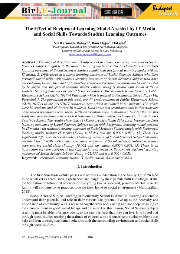 (PDF) The Effect of Reciprocal Learning Model Assisted by IT Media and ...
