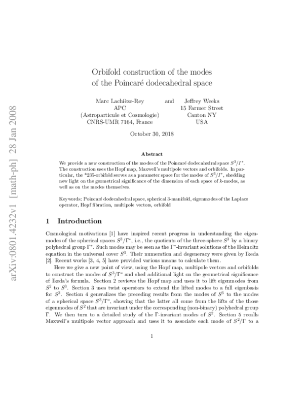 (PDF) Orbifold construction of the modes of the Poincaré dodecahedral space