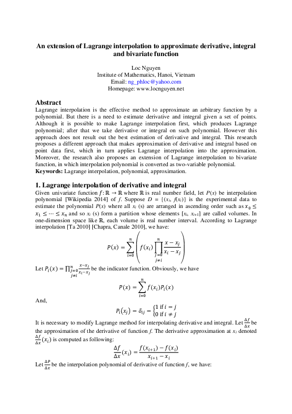 (PDF) An extension of Lagrange interpolation to approximate derivative, integral and bivariate ...