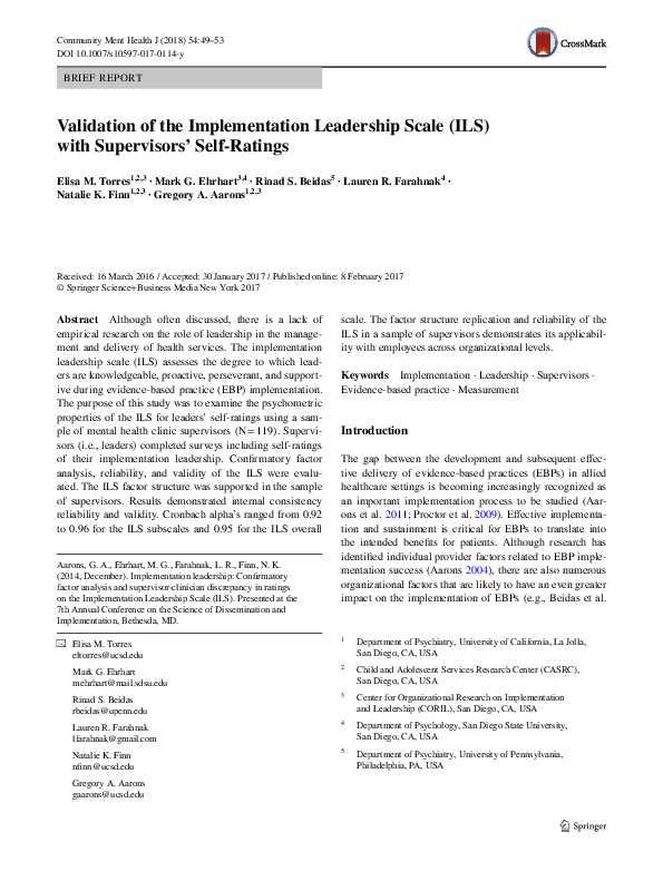 (PDF) Validation of the Implementation Leadership Scale (ILS) with ...