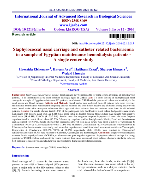 (PDF) Staphylococcal nasal carriage and catheter related bacteraemia in a sample of Egyptian ...