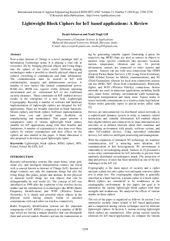 (PDF) Lightweight Block Ciphers for IoT based applications : A Review