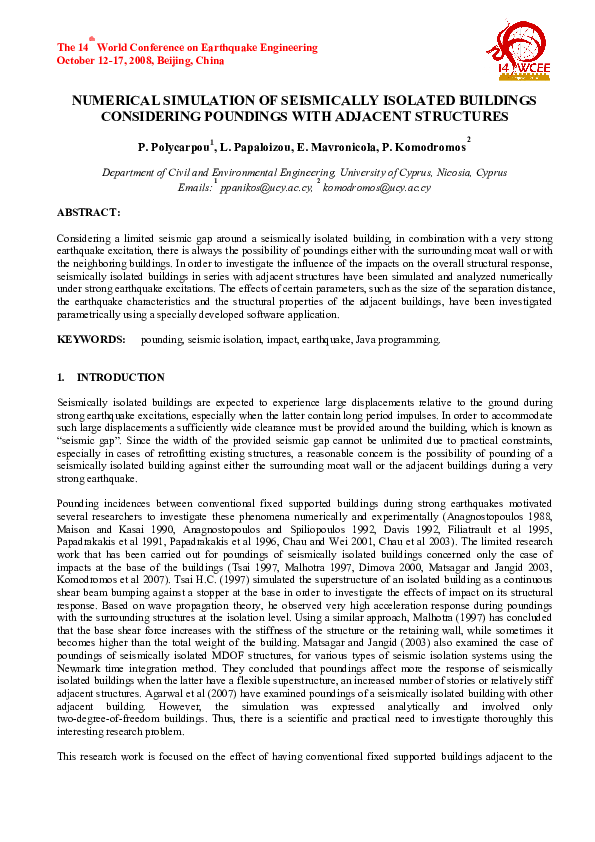 Pdf Numerical Simulation Of Seismically Isolated Buildings Considering Poundings With Adjacent