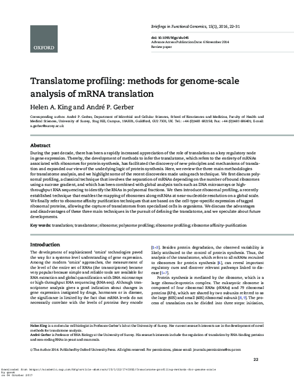 (PDF) Translatome profiling: methods for genome-scale analysis of mRNA ...