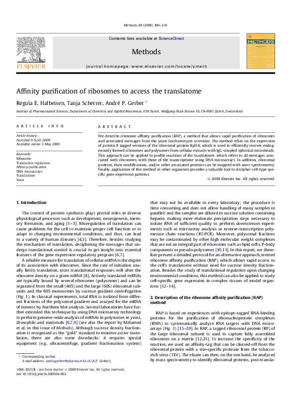 (PDF) Affinity purification of ribosomes to access the translatome