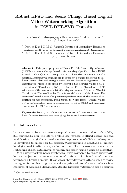 (PDF) Robust BPSO and Scene Change Based Digital Video Watermarking Algorithm in DWT-DFT-SVD Domain