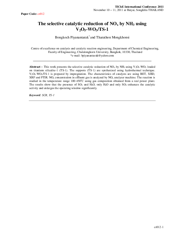 (PDF) The selective catalytic reduction of NOx by NH3 using V2O5-WO3/TS-1