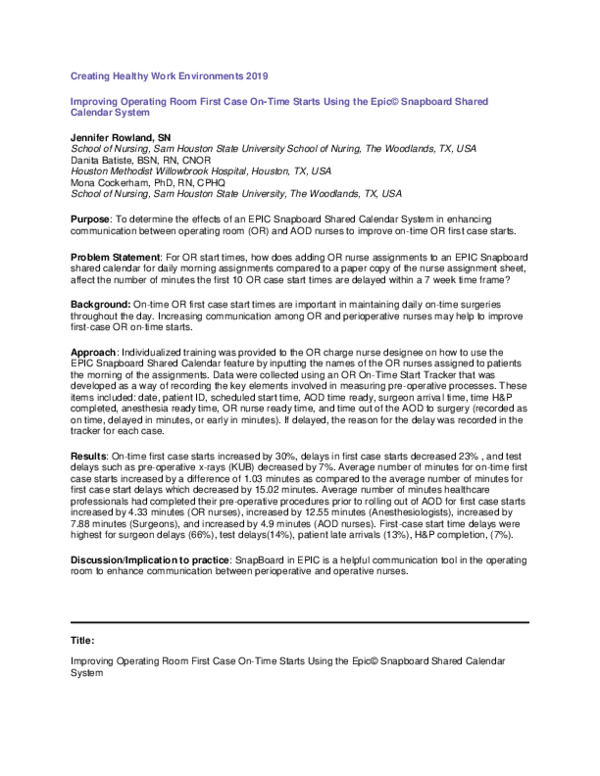 (PDF) Improving Operating Room First Case On-Time Starts Using the Epic ...