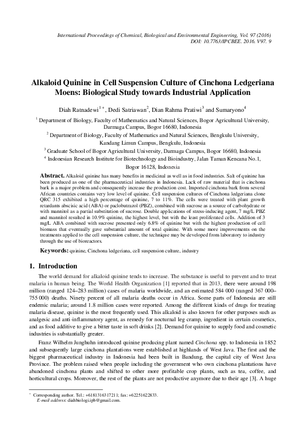 (PDF) Alkaloid Quinine in Cell Suspension Culture of Cinchona ...