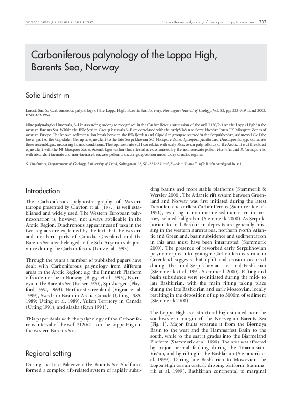 (PDF) Carboniferous palynology of the Loppa High Barents Sea, Norway