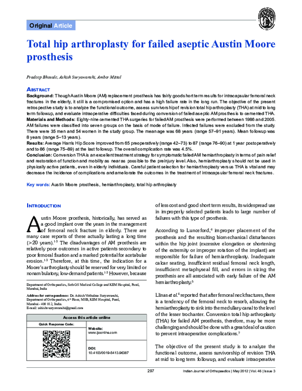 (PDF) Total hip arthroplasty for failed aseptic Austin Moore prosthesis