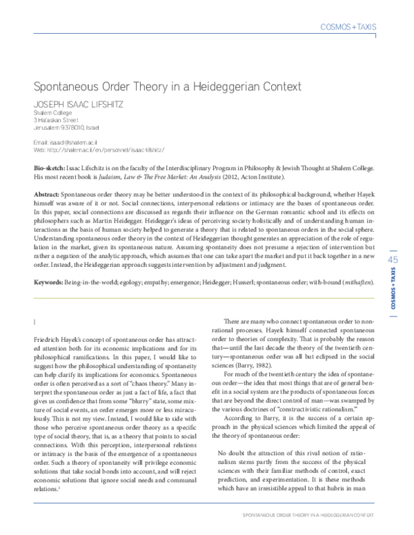 (PDF) Spontaneous Order Theory in a Heideggerian Context