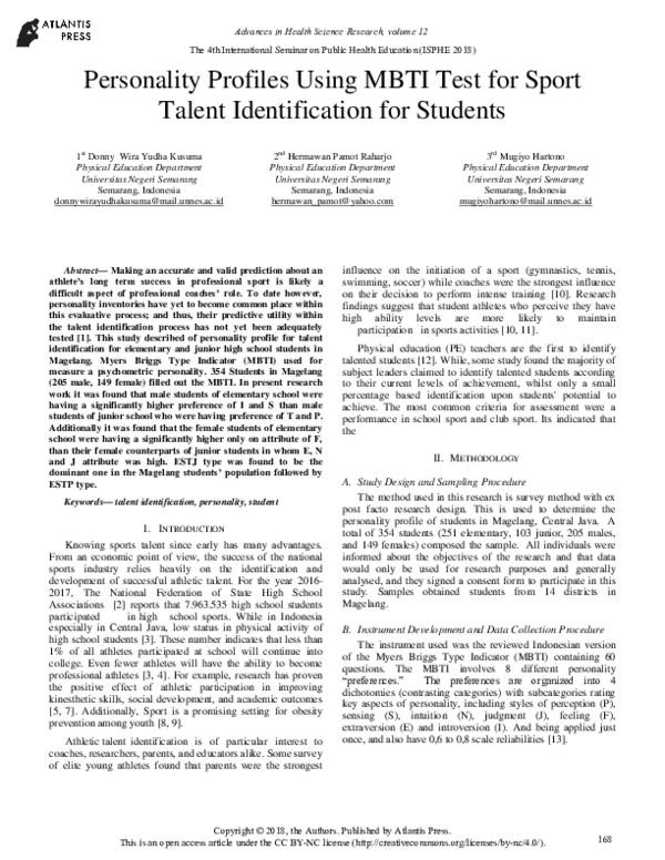 (PDF) Personality Profiles Using Mbti Test For Sport Talent ...