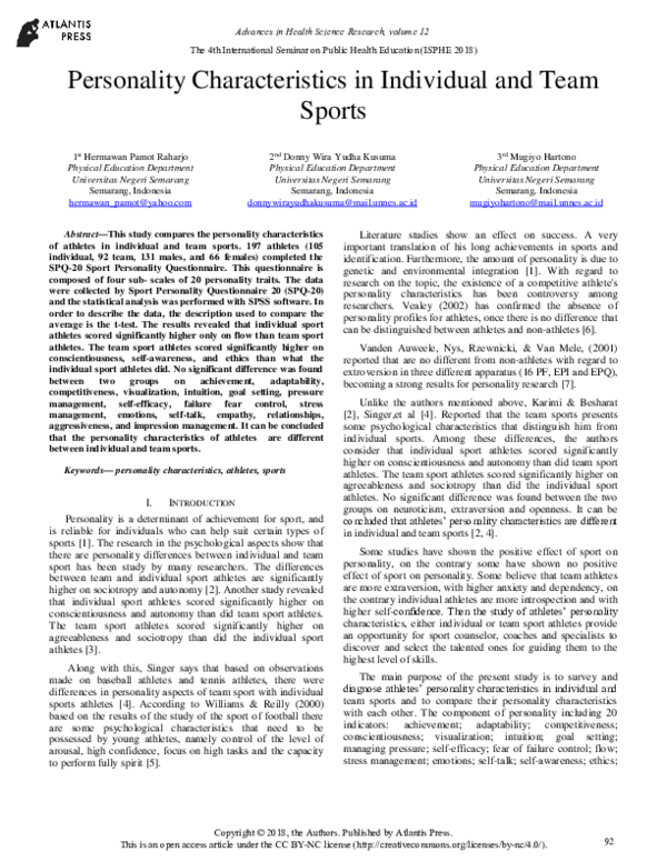 (PDF) Personality Characteristics In Individual And Team Sports