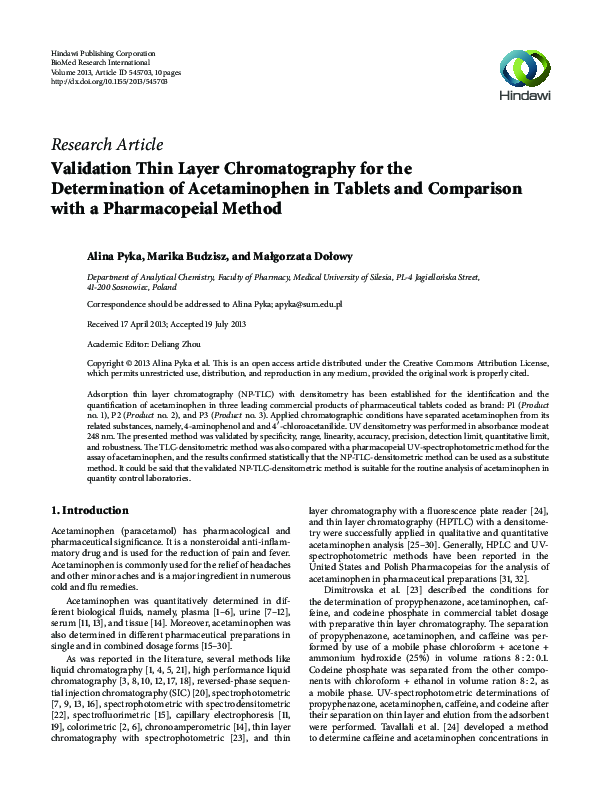 (PDF) Validation Thin Layer Chromatography for the Determination of Acetaminophen in Tablets and ...