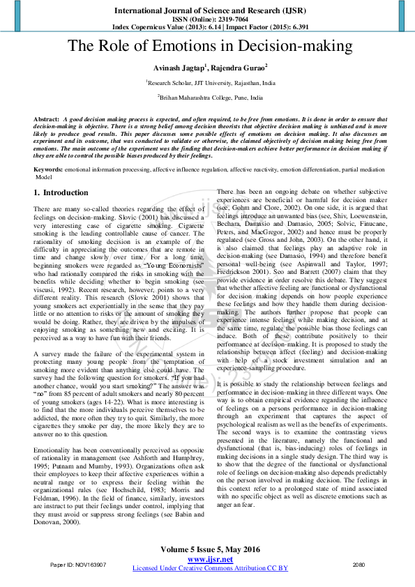 (PDF) The Role of Emotions in Decision-making